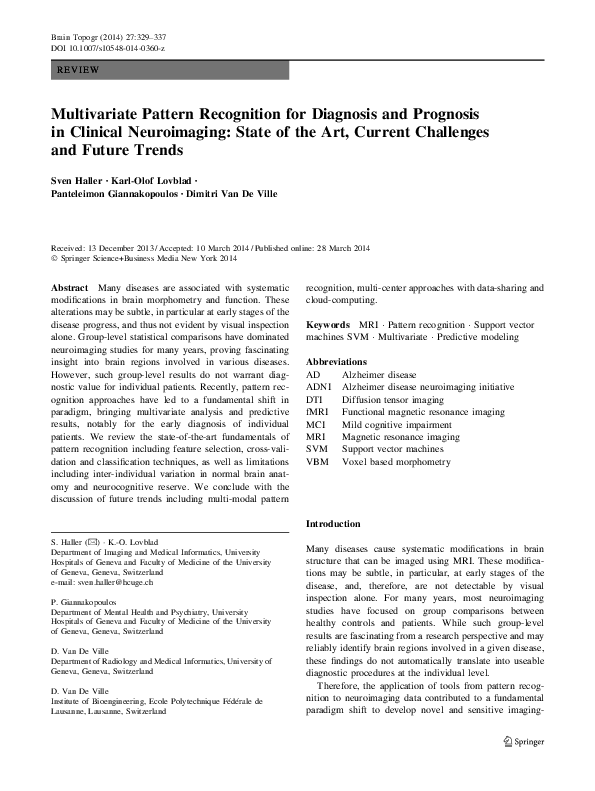 (PDF) Multivariate Pattern Recognition for Diagnosis and Prognosis in Clinical Neuroimaging ...