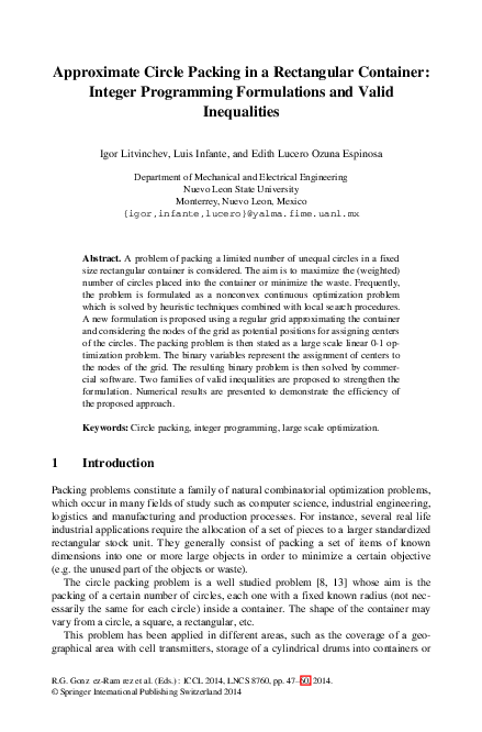 Pdf Approximate Circle Packing In A Rectangular Container Integer Programming Formulations
