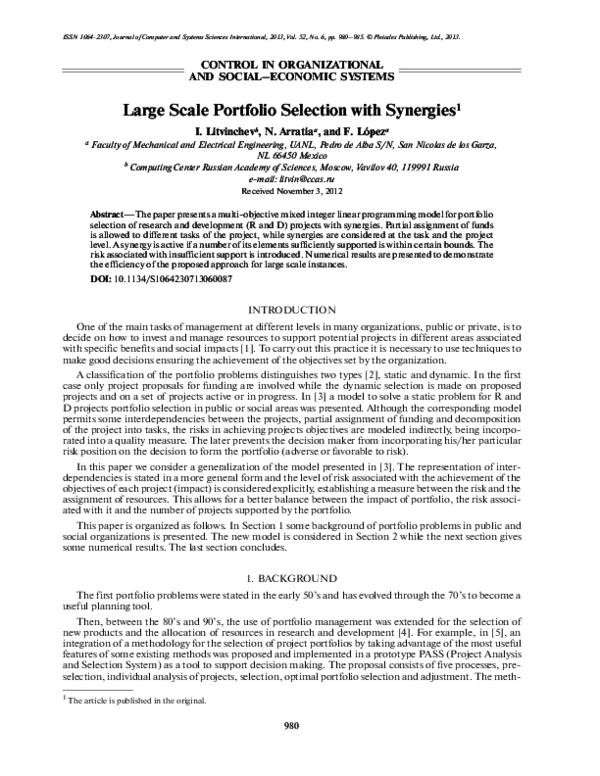 (PDF) Large scale portfolio selection with synergies
