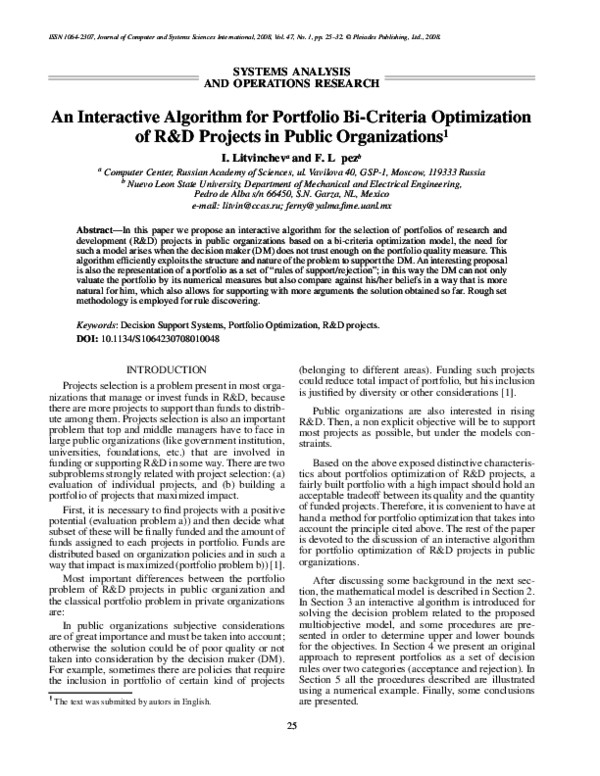Pdf An Interactive Algorithm For Portfolio Bi Criteria Optimization Of Randd Projects In Public