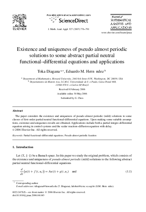 (PDF) Existence and uniqueness of pseudo almost periodic solutions to some abstract partial ...