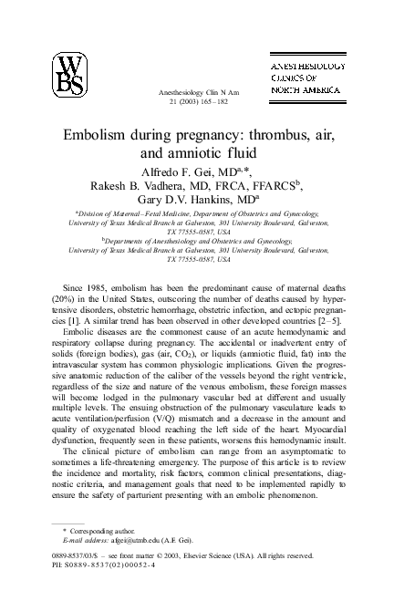 (PDF) Embolism during pregnancy: thrombus, air, and amniotic fluid