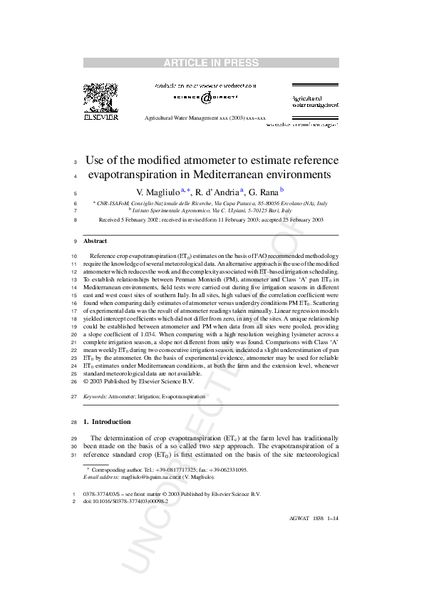 (PDF) Use of the modified atmometer to estimate reference ...
