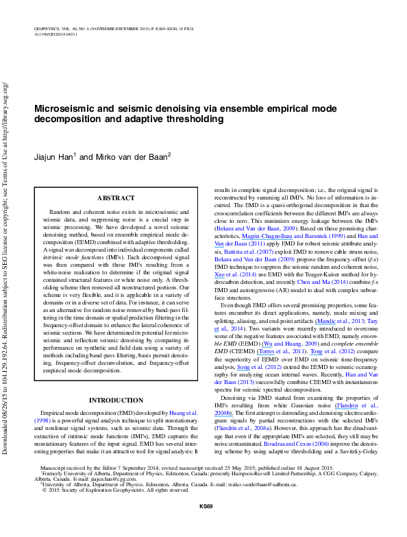 Pdf Microseismic And Seismic Denoising Via Ensemble Empirical Mode