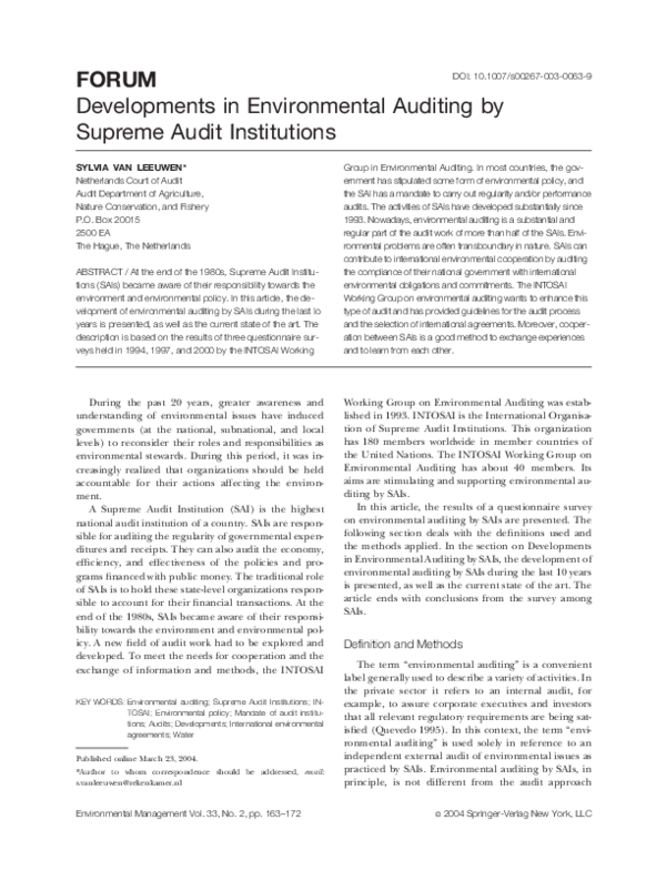 (PDF) Developments in Environmental Auditing by Supreme Audit Institutions