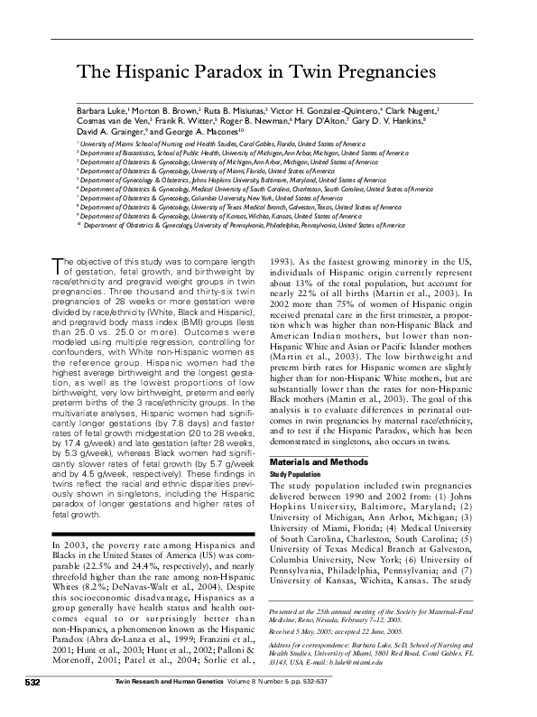 (PDF) The Hispanic paradox in twin pregnancies
