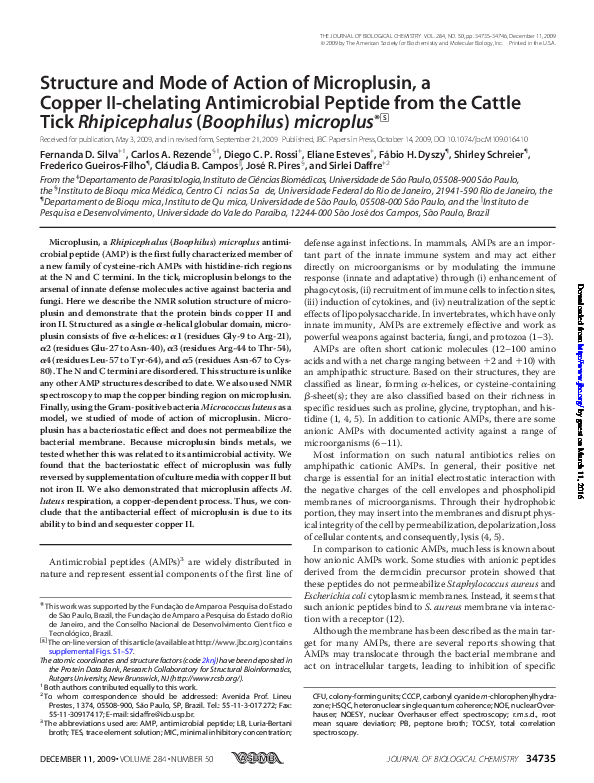 (PDF) Structure and Mode of Action of Microplusin, a Copper II-chelating Antimicrobial Peptide ...