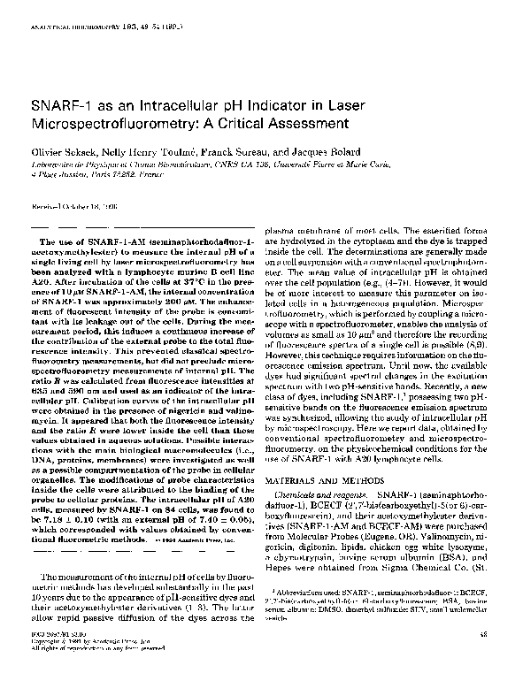 (PDF) SNARF-1 as an intracellular pH indicator in laser ...