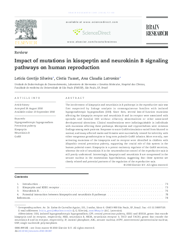 (PDF) Impact of mutations in kisspeptin and neurokinin B signaling ...