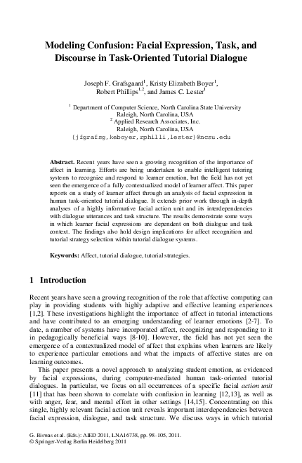 (PDF) Modeling Confusion: Facial Expression, Task, and Discourse in Task-Oriented Tutorial Dialogue