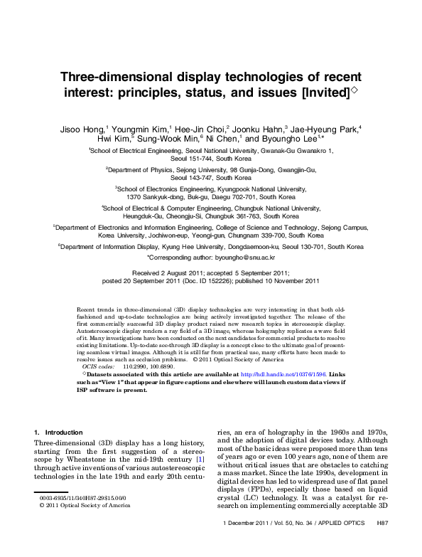 (PDF) Three-dimensional display technologies of recent interest: principles, status, and issues ...