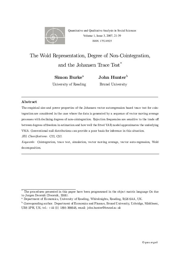 (PDF) The Wold Representation, Degree of Non-Cointegration, and the ...