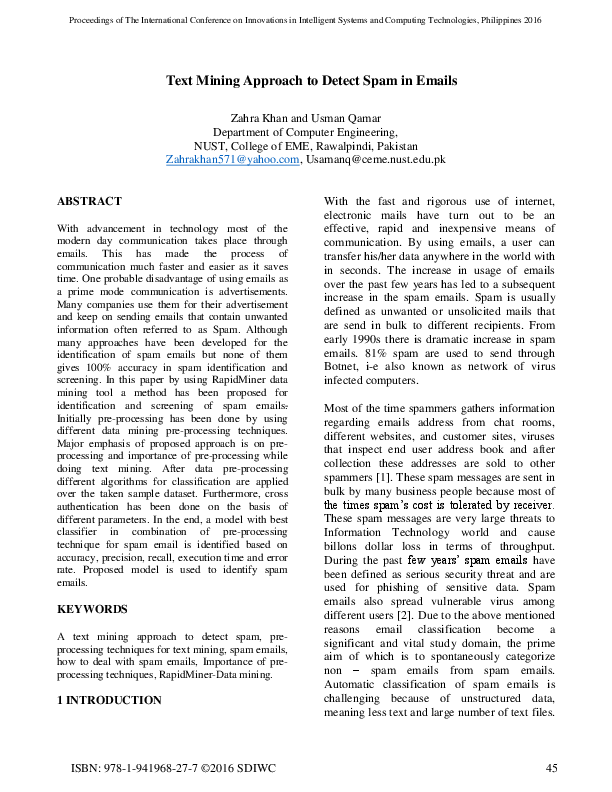 Pdf Text Mining Approach To Detect Spam In Emails