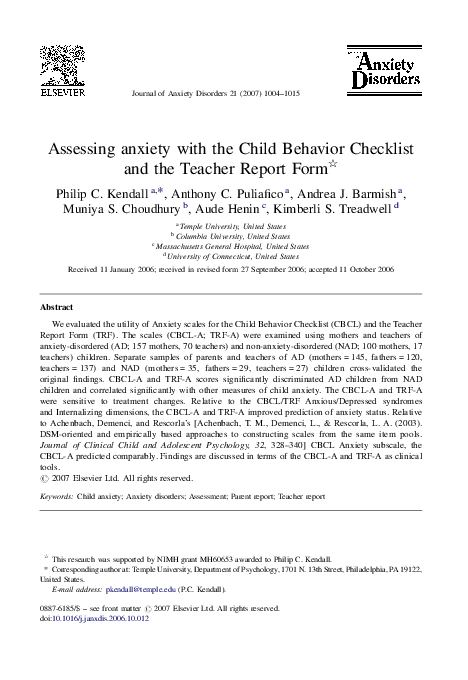 (PDF) Assessing anxiety with the Child Behavior Checklist and the ...