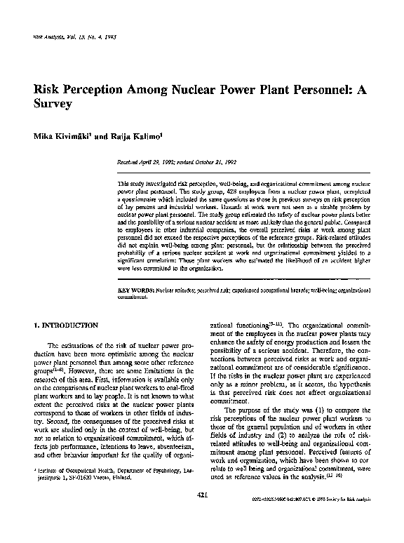 (PDF) Risk Perception Among Nuclear Power Plant Personnel: A Survey