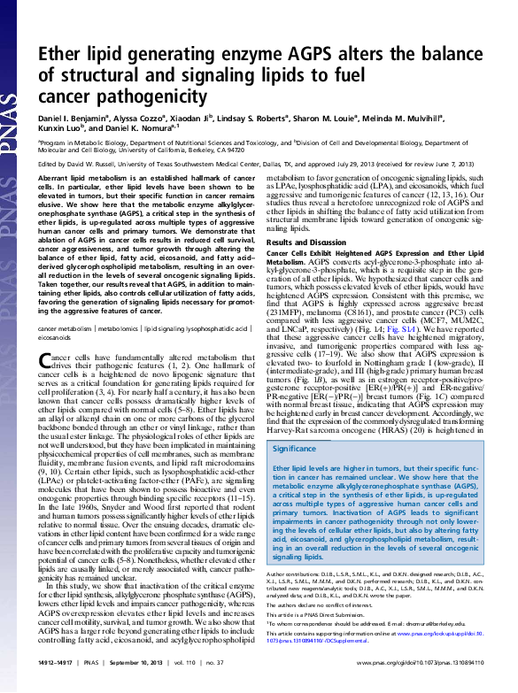 (PDF) Ether lipid generating enzyme AGPS alters the balance of ...