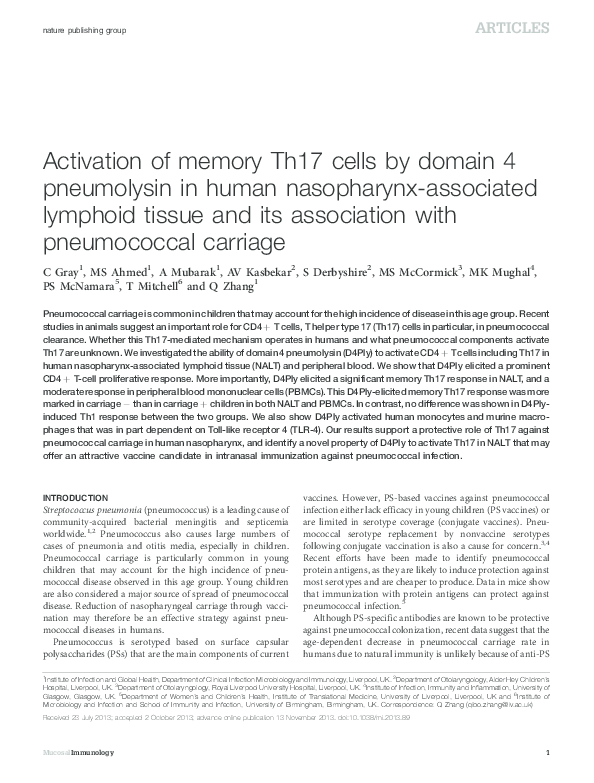 (PDF) Activation of memory Th17 cells by domain 4 pneumolysin in human ...