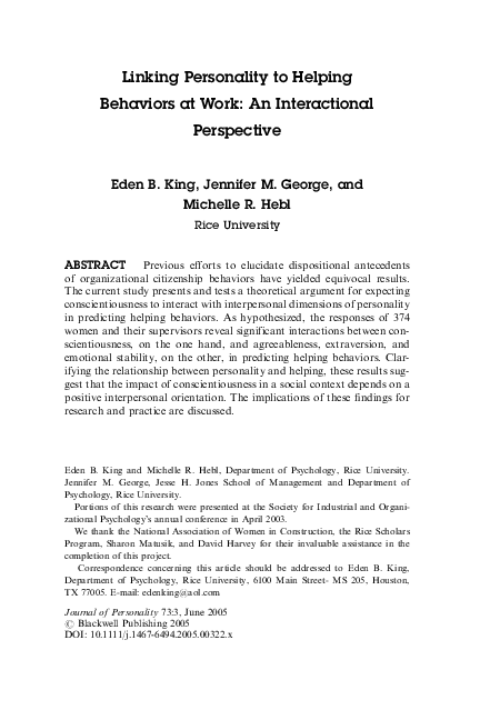 (PDF) Linking Personality to Helping Behaviors at Work: An Interactional Perspective