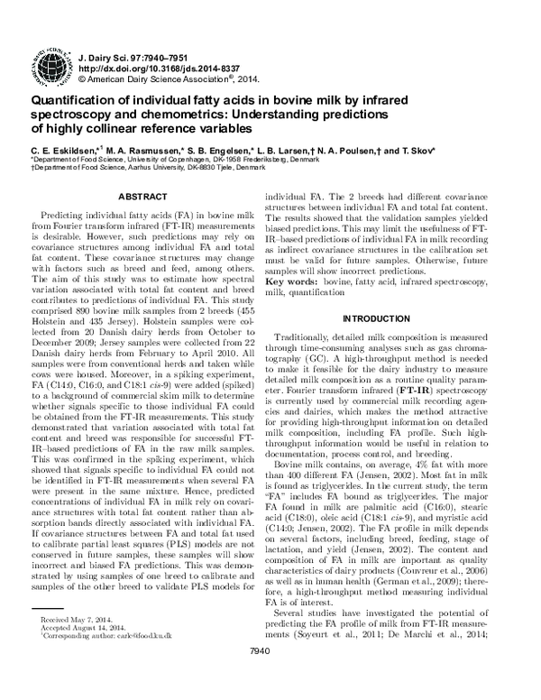 (PDF) Quantification of individual fatty acids in bovine milk by infrared spectroscopy and ...