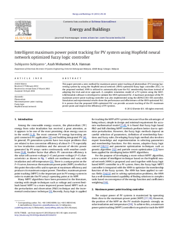 (PDF) Intelligent maximum power point tracking for PV system using Hopfield neural network ...