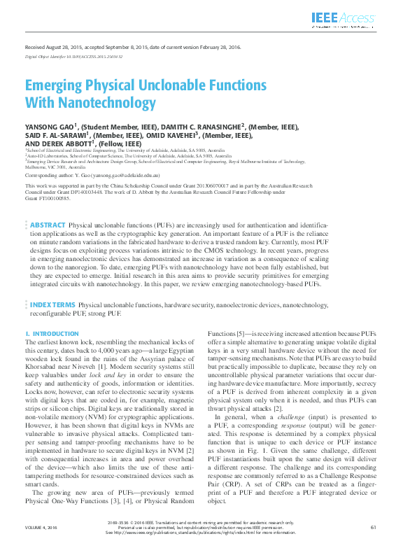 (PDF) Emerging Physical Unclonable Functions With Nanotechnology