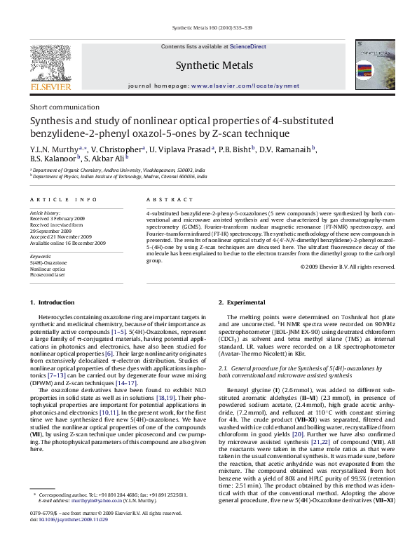 (PDF) Synthesis and study of nonlinear optical properties of 4-substituted benzylidene-2-phenyl ...