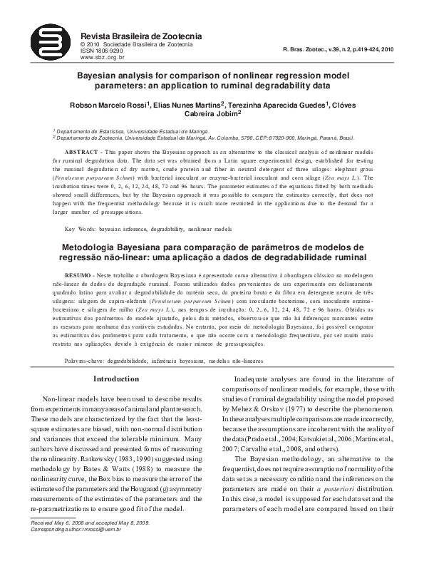 (PDF) Bayesian analysis for comparison of nonlinear regression model parameters: an application ...