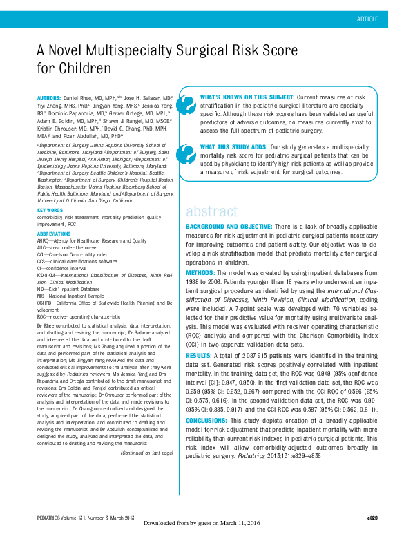 (PDF) A Novel Multispecialty Surgical Risk Score for Children