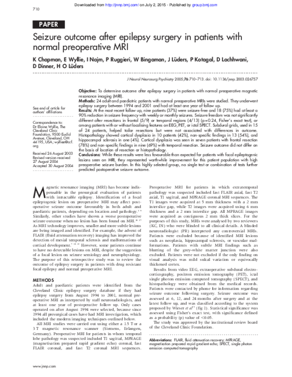 Pdf Seizure Outcome After Epilepsy Surgery In Patients With Normal