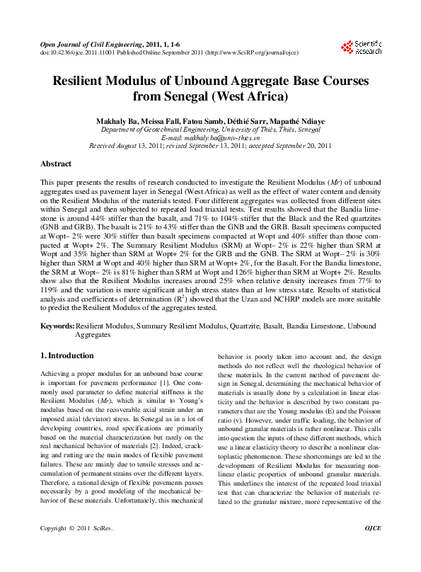 (PDF) Resilient Modulus of Unbound Aggregate Base Courses from Senegal (West Africa)
