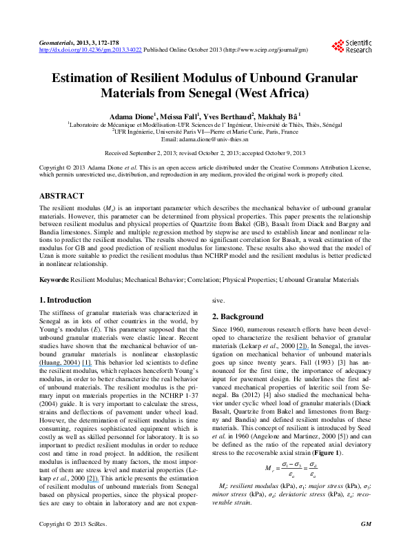 (PDF) Estimation of Resilient Modulus of Unbound Granular Materials from Senegal (West Africa)