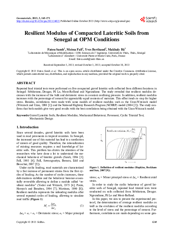 (PDF) Resilient Modulus of Compacted Lateritic Soils from Senegal at OPM Conditions