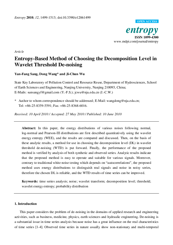 (PDF) Entropy-Based Method of Choosing the Decomposition Level in Wavelet Threshold De-noising