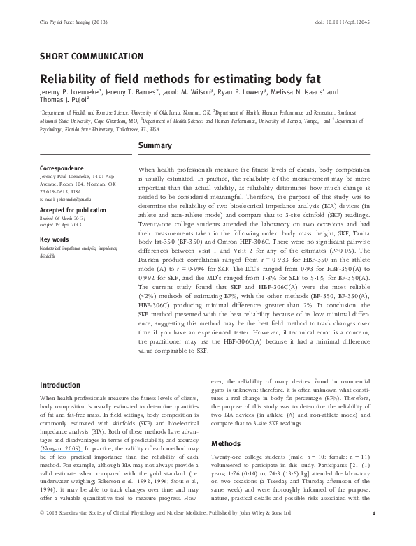 (PDF) Reliability of field methods for estimating body fat