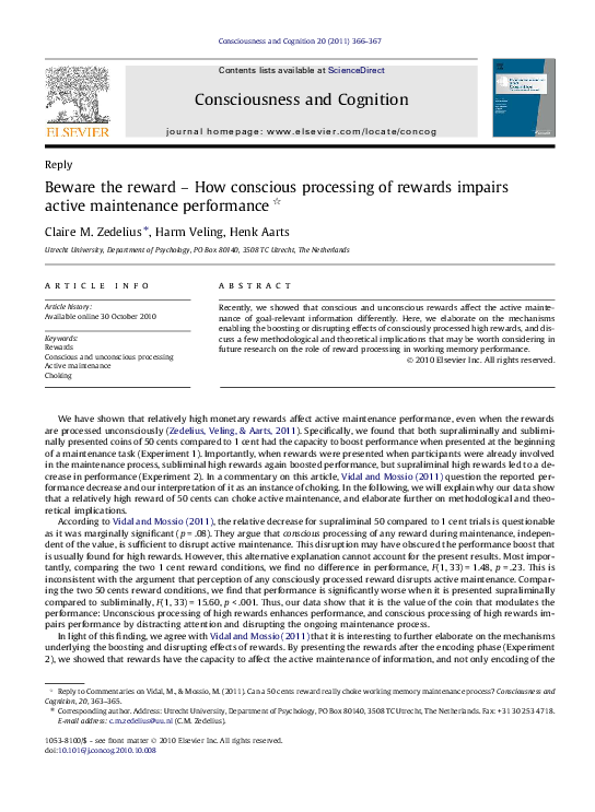 (PDF) Beware the reward – How conscious processing of rewards impairs ...
