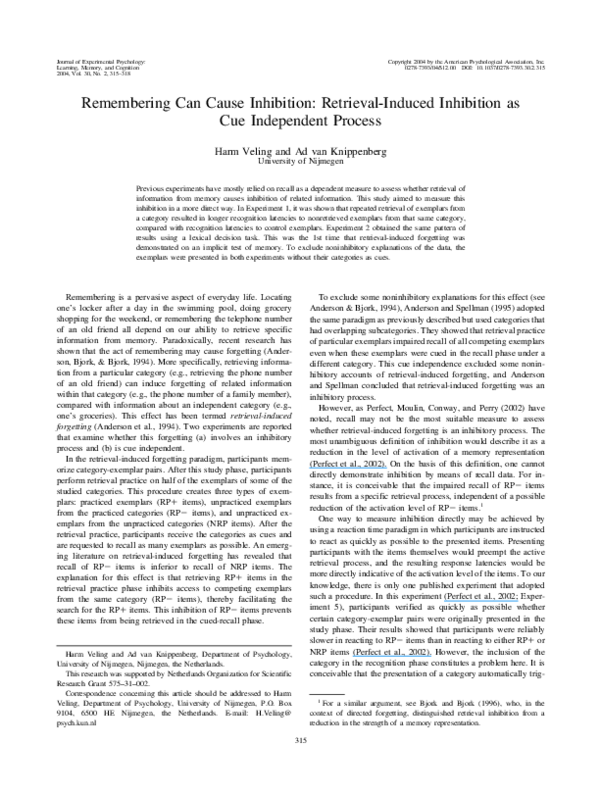 (PDF) Remembering Can Cause Inhibition: Retrieval-Induced Inhibition as Cue Independent Process