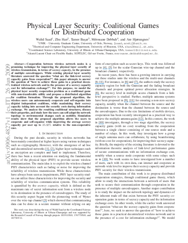 Pdf Physical Layer Security Coalitional Games For Distributed Cooperation
