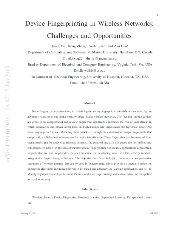 (PDF) Device Fingerprinting in Wireless Networks: Challenges and ...