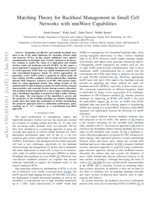 (PDF) Matching Theory for Backhaul Management in Small Cell Networks with mmWave Capabilities