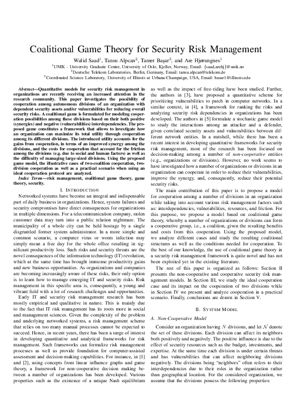 Pdf Coalitional Game Theory For Security Risk Management