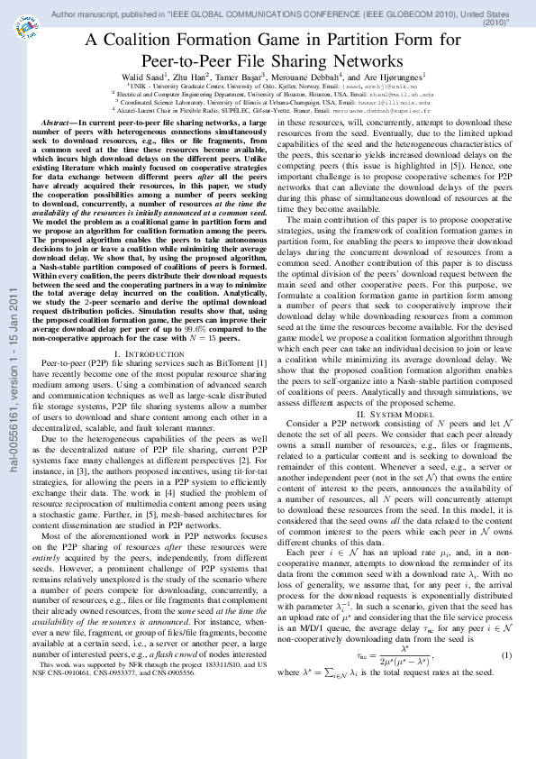 (PDF) A Coalition Formation Game in Partition Form for Peer-to-Peer File Sharing Networks