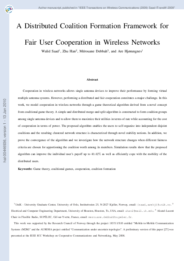 (PDF) A distributed coalition formation framework for fair user cooperation in wireless networks