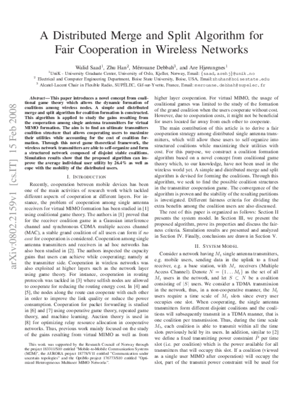 Pdf A Distributed Merge And Split Algorithm For Fair Cooperation In Wireless Networks