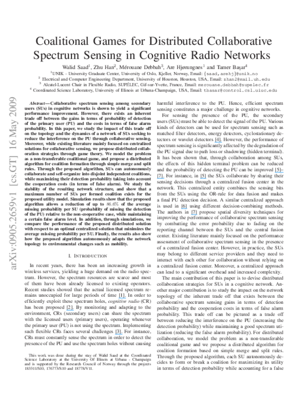 (PDF) Coalitional games for distributed collaborative spectrum sensing ... (PDF) Coalitional games for distributed collaborative spectrum sensing ...