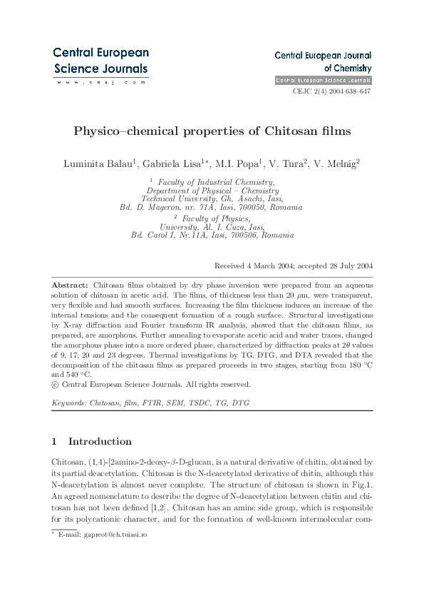 (PDF) Physico-chemical properties of Chitosan films