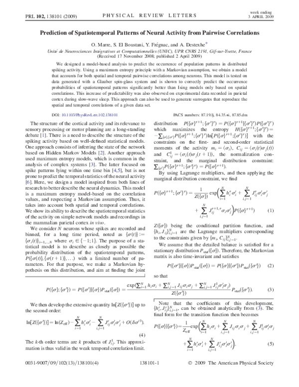 (PDF) Prediction of Spatiotemporal Patterns of Neural Activity from Pairwise Correlations