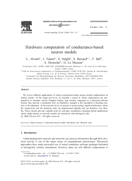 Pdf Hardware Computation Of Conductance Based Neuron Models Alain