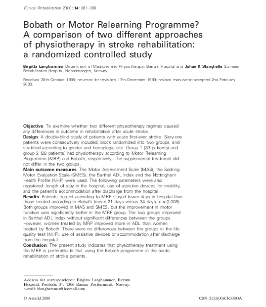 (PDF) Bobath or Motor Relearning Programme? A comparison of two ...