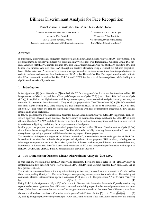 (PDF) Bilinear Discriminant Analysis for Face Recognition