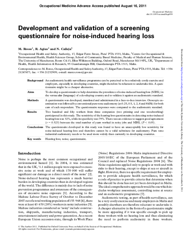 (PDF) Development and validation of a screening questionnaire for noise ...